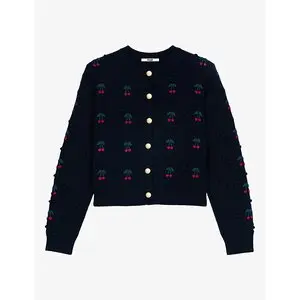 Maje Cherry-embroidered Bobble-knit Wool Cardigan