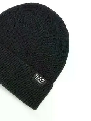EA7 Ribbed Knit Beanie Hat With Logo Patch