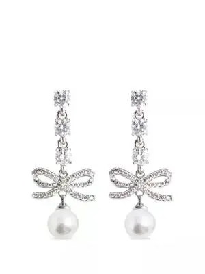 SELF-PORTRAIT Crystal Embellished Faux Pearl Bow Drop Earrings - Silver
