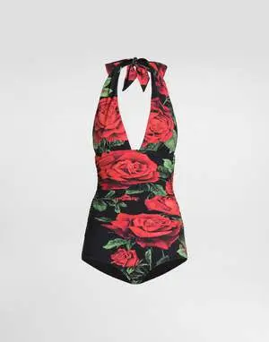 Dolce & Gabbana Rose-print Halterneck One-piece Swimsuit - Multicolor