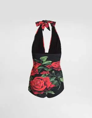 Dolce & Gabbana Rose-print Halterneck One-piece Swimsuit