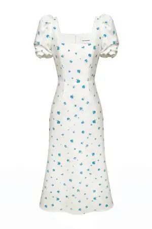 POST MERIDIEM Godet Silhouette Square Neck Midi Dress - Blue