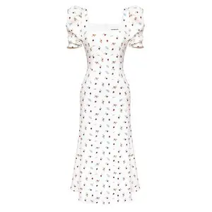 POST MERIDIEM Berry Print Godet Silhouette Square Neck Midi Dress - White