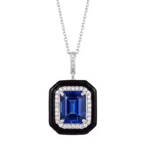 LATELITA London Art Deco Sapphire & Enamel Pendant Necklace In Sterling Silver - Black/blue/white