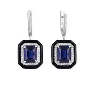 LATELITA Art Deco Enamel & Sapphire Drop Earrings In Sterling Silver - Black/blue/white