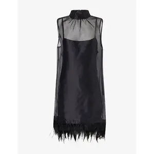 Staud Albee Organza Mini Dress With Feather Trim