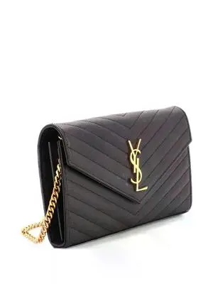 Saint Laurent Classic Monogram Wallet On Chain Matelasse Chevron Leather Medium Crossbody Bag - Black