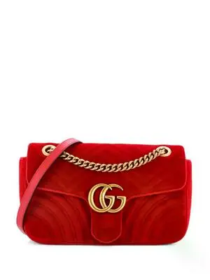 Gucci Gg Marmont Flap Bag Matelasse Velvet Small Shoulder Bag - Red