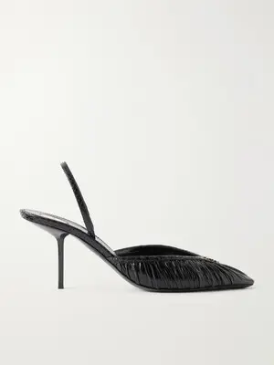 Saint Laurent Folie 75 Gathered Snake-effect Trimmed Leather Slingback Pumps - Black