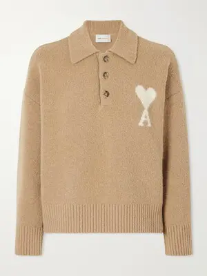AMI Paris Logo-embroidered Wool-blend Polo Shirt