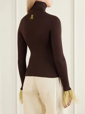 La DoubleJ Feathers-trimmed Ribbed Cashmere And Silk-blend Turtleneck Sweater