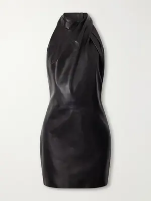 Balmain Paneled Halterneck Leather Mini Dress