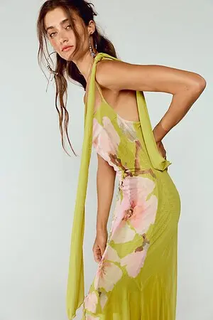 SAEMDI Floral Print Slip Midi Dress - Olive