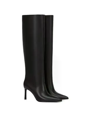 POTAMY Point-toe Leather Knee-high Stiletto Boots