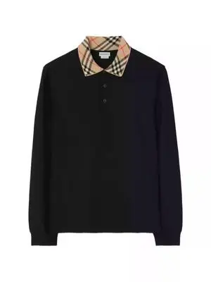 Burberry Long-sleeve Check-collar Cotton Polo Shirt - Black
