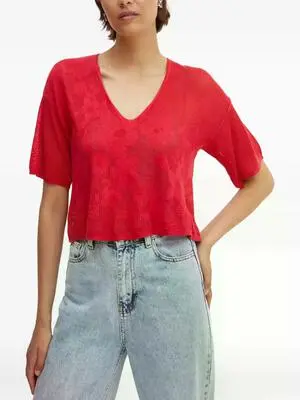 BENETTON Floral Jacquard V-neck Sweater - Red