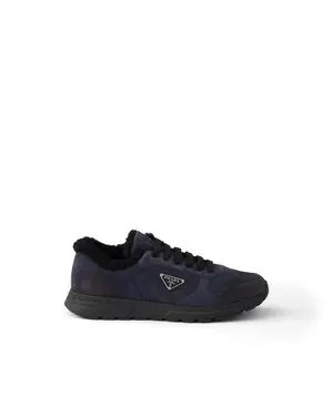 Prada Aged Suede Lace-up Sneakers With Shearling Lining