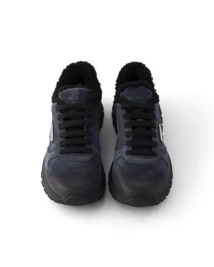 Prada Aged Suede Lace-up Sneakers With Shearling Lining