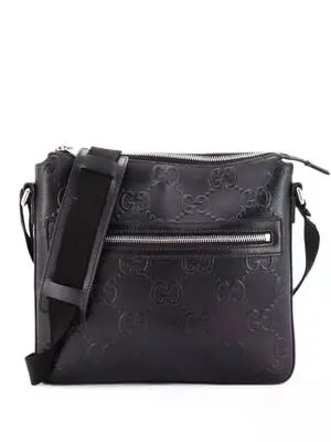 Gucci Front Zip Messenger Gg Embossed Perforated Leather Small Crossbody Bag - Black