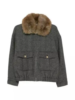 Maje Herringbone Faux-fur Collar Jacket - Grey