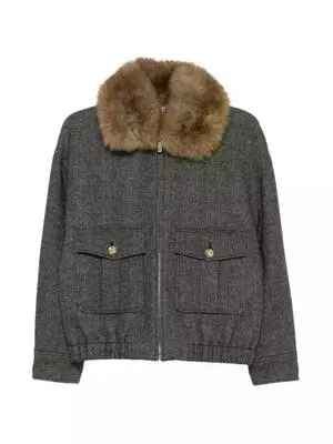 Maje Oversized Herringbone Faux-fur Collar Bomber Jacket - Grey
