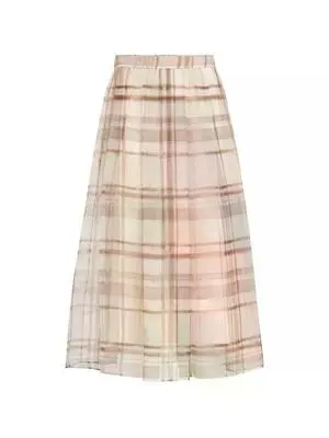 Brunello Cucinelli Macro-check Pleated Midi Skirt - Neutrals
