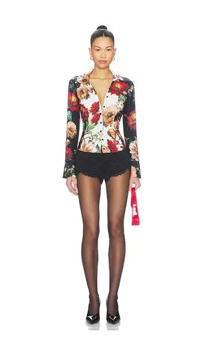 Alice + Olivia Freya Fitted Nipped Waist Button Down Top In . Also