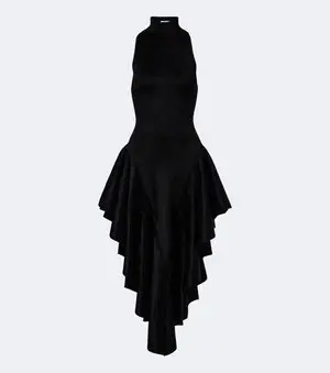 Alaïa Asymmetric Ruffled Velvet Midi Dress - Black
