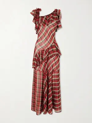 DÔEN Fernanda Ruffle Tiered Checked Silk-satin Maxi Dress
