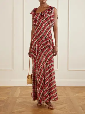 DÔEN Fernanda Ruffle Tiered Checked Silk-satin Maxi Dress