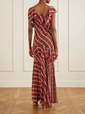 DÔEN Fernanda Ruffle Tiered Checked Silk-satin Maxi Dress