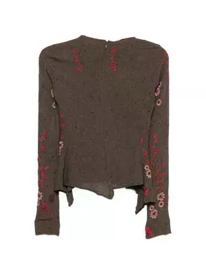 MARC LE BIHAN Floral-embroidered Raw-edge Top - Brown