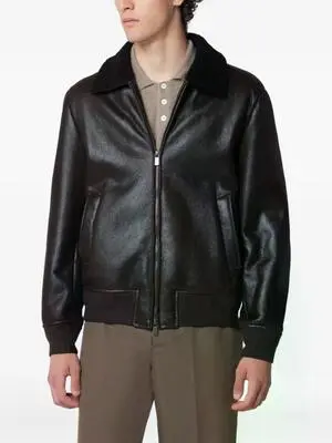 SALVATORE SANTORO Shearling-collar Leather Bomber Jacket - Brown