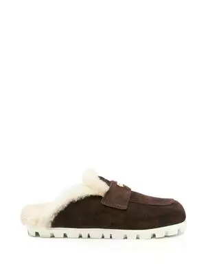 Miu Miu Shearling-lined Suede Flat Mules - Brown