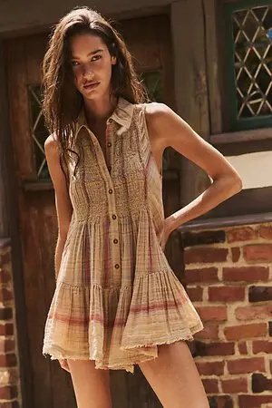 Free People Off Beat Plaid Romper At - Sandy Combo