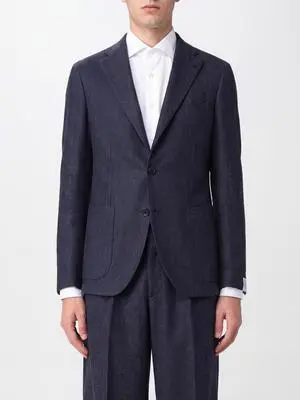 Tagliatore Single-breasted Chevron Blazer In Linen And Wool - Blue
