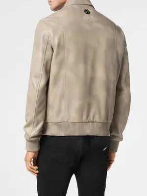 Philipp Plein Leather Bomber Jacket With Classic Collar And Patch Pockets - Beige