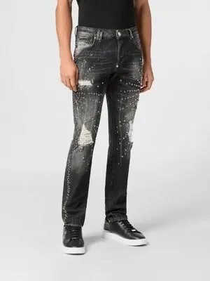 Philipp Plein Skinny Fit Distressed Stretch Denim Jeans With Studs - Grey