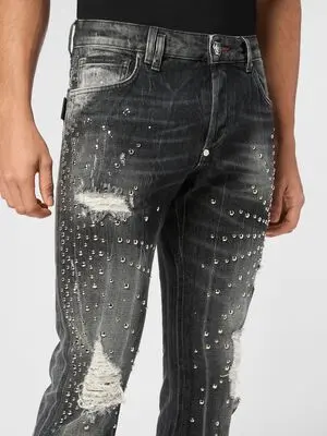 Philipp Plein Skinny Fit Distressed Stretch Denim Jeans With Studs - Grey
