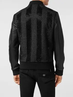 Philipp Plein Leather Varsity Bomber Jacket With Crystals And Embroidered Hexagon Logo