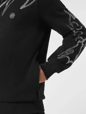 Philipp Plein Cotton Track Jacket Sweatshirt With Zip, Crystals And High Neck
