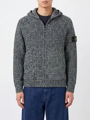 Stone Island Hooded Ribbed Cotton Cardigan With Zip And Logo Patch - Green