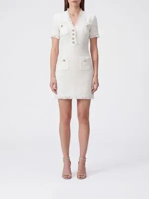 SELF-PORTRAIT Tweed V-neck Sheath Mini Dress With Fringed Hem - White