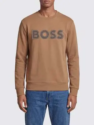 BOSS Printed Logo Cotton Crewneck Sweatshirt With Ribbed Trims - Brown