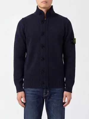 Stone Island Virgin Wool Blend High Neck Cardigan With Logo Patch Blue