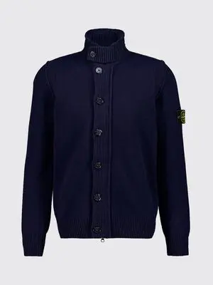 Stone Island Virgin Wool Blend High Neck Cardigan With Logo Patch - Blue