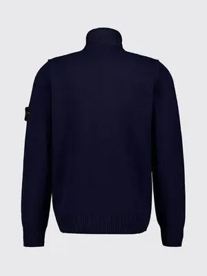 Stone Island Virgin Wool Blend High Neck Cardigan With Logo Patch - Blue