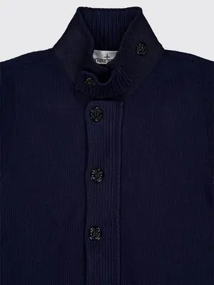 Stone Island Virgin Wool Blend High Neck Cardigan With Logo Patch - Blue