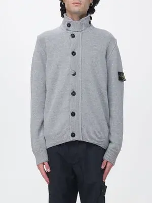 Stone Island Virgin Wool Blend High Neck Cardigan With Logo Patch - Grey