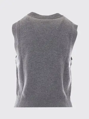 GANNI Floral Pattern Wool Crewneck Knit Vest With Jacquard Logo - Grey